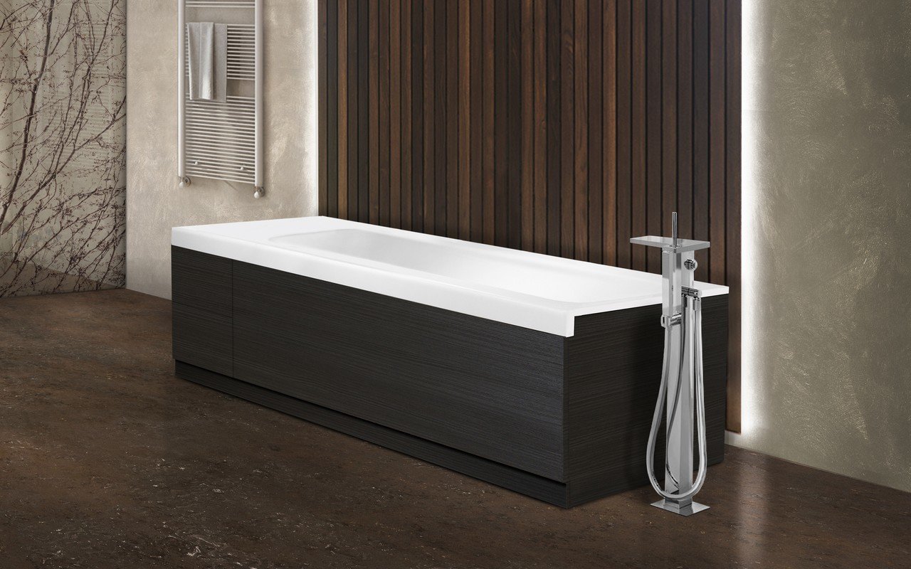 Pure 2D Back To Wall Solid Surface Bathtub with Dark Decorative Wooden ...